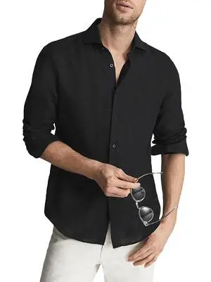 REISS Ruban Long Sleeve Linen Shirt - Black