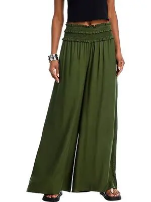 Aqua Smocked Waist Wide Leg Pants - Military