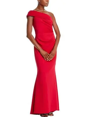 Eliza J One-Shoulder Satin Gown Ruby Red