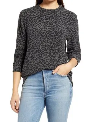Loveappella Brushed Leopard Print Top - Gray/ Black