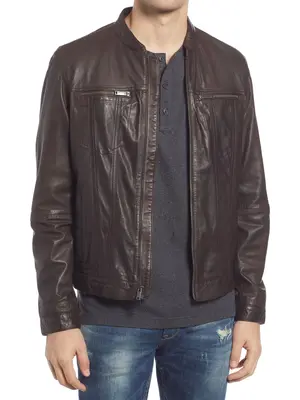 John Varvatos Band Collar Leather Jacket - Chocolate