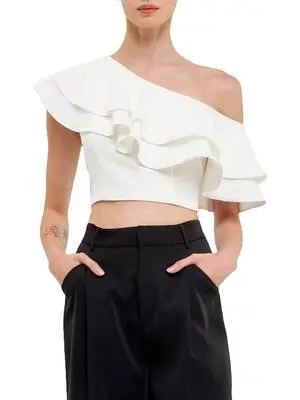 Endless Rose Endless Rose Ruffle One-Shoulder Crop Top White