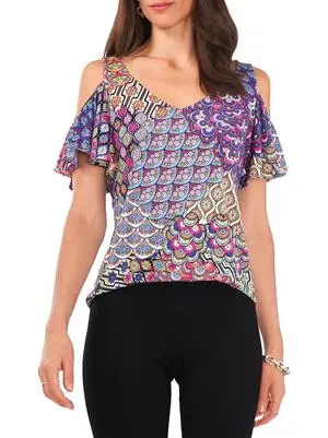 Chaus Print Cold Shoulder Top - Blue