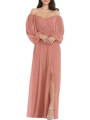 Dessy Collection Convertible Neck Long Sleeve Chiffon Gown - Desert Rose