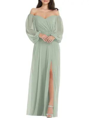 Dessy Collection Dessy Collection Convertible Neck Long Sleeve Chiffon Gown Willow