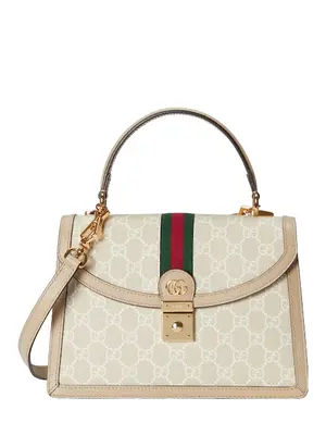 Gucci Ophidia Medium Top Handle Bag Beige And White Canvas