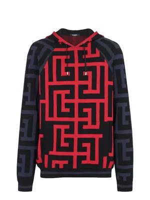 Balmain Monogram-print Drawstring Hoodie - Blue
