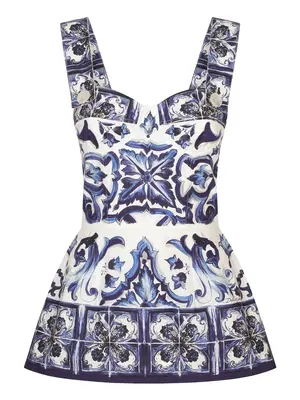 Dolce & Gabbana DOLCE & GABBANA Majolica-Print Cotton Peplum Blouse Blue