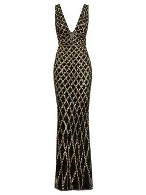 Mac Duggal Embellished V-neck Column Gown Black