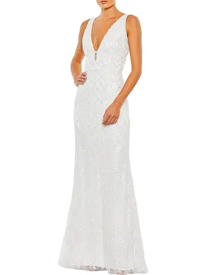 Mac Duggal Embellished V-neck Column Gown White