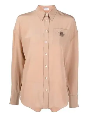 Brunello Cucinelli Crystal Embellished Silk Shirt Neutrals
