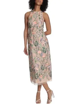 Maggy London Embroidered Floral Halter Neck Midi Dress - Red/Pink Multi |  Editorialist