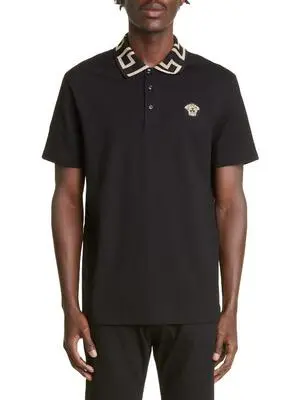 Versace Greco Collar Cotton Piqué Polo - Black