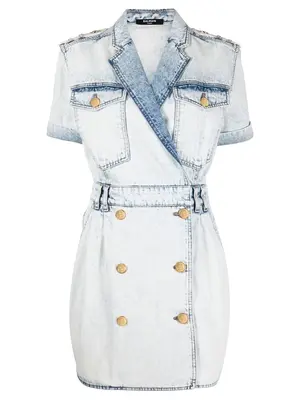 Balmain Double-breasted Denim Mini Dress - Blue
