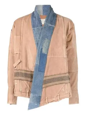 GREG LAUREN Patchwork Denim-trim Jacket - Brown