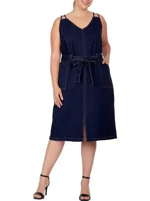 STANDARDS & PRACTICES Double Strap Tie Waist Denim Midi Dress - Indigo Rinse