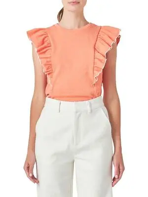 English Factory Merrow Ruffle Top - Coral Peach/white