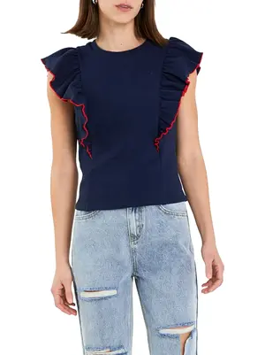 English Factory English Factory Merrow Ruffle Top Navy/red