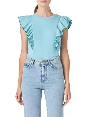 English Factory Merrow Ruffle Top - Powder Blue/green