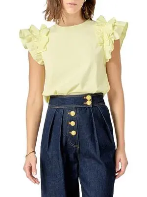 English Factory Ruffle Sleeve Cotton Top - Butter Yellow