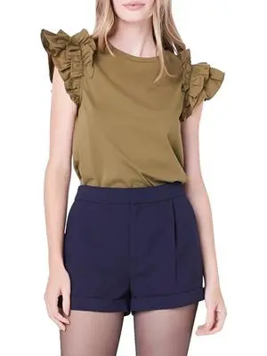 English Factory Ruffle Sleeve Cotton Top - Olive