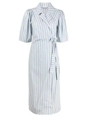 GANNI Striped Wrap Midi Dress - White