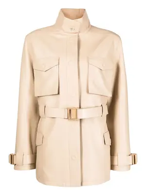 Off-White Single-breasted Belted Leather Coat - Neutrals