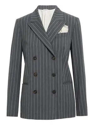Brunello Cucinelli Pinstriped Double-breasted Cotton-blend Blazer - Dark Gray