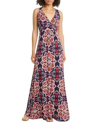 Loveappella Empire Waist Maxi Dress - Navy Multi