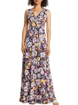 Loveappella Floral Print Empire Waist Maxi Dress - Navy Multi