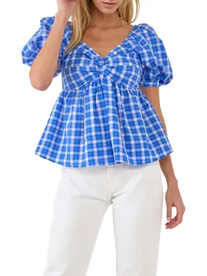 English Factory English Factory Twist Front Gingham Top Blue