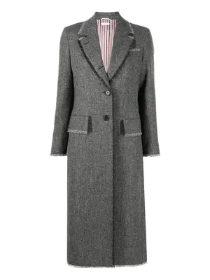 Thom Browne Frayed Trim Single-breasted Coat - Grey