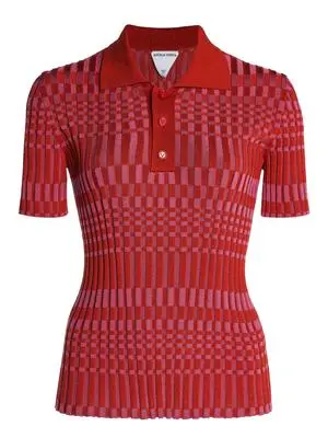 Bottega Veneta Check Ribbed Silk Polo Top - Red