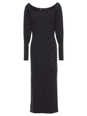 Sandro Ribbed Knit Midi Dress With Button Embellishments And Gathered Sleeves - Anthracite