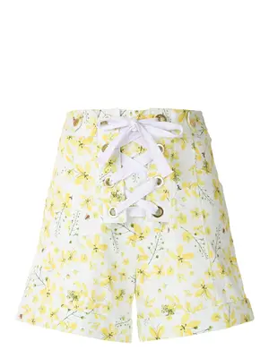 Isolda Floral-print Lace-up Fastening Shorts - Yellow