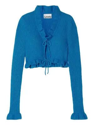 GANNI Ruffled Ribbed-knit Cardigan - Blue