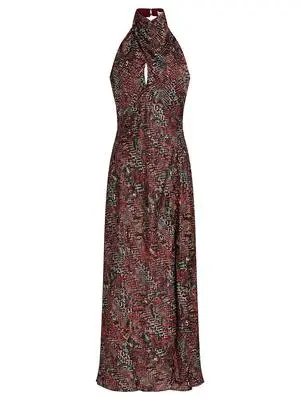 NICHOLAS Printed Satin Halterneck Midi Dress - Burgundy