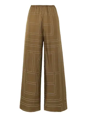 TOTEME TOTEME Embroidered Silk-twill Wide-leg Pants Brown