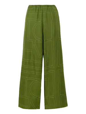 TOTEME TOTEME Embroidered Silk-twill Wide-leg Pants Green