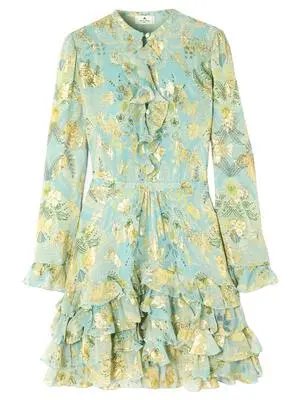 Etro Ruffled Metallic Floral-jacquard Silk-chiffon Mini Dress - Blue