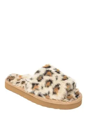 Minnetonka Lyla Faux Fur Slide Slipper - Cream Leopard Print