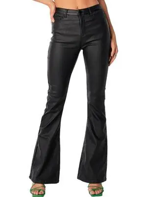 EDIKTED Luna Faux Leather Flare Leg Pants - Black