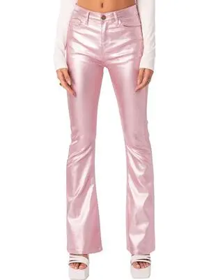 EDIKTED Luna Faux Leather Flare Leg Pants - Metallic-pink