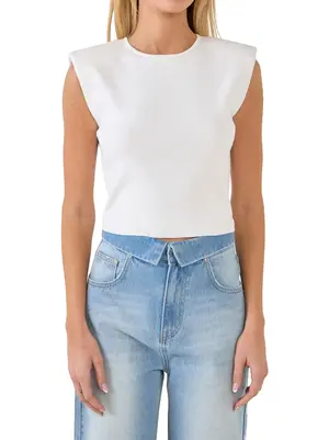 Endless Rose Endless Rose Cutout Padded Shoulder Crop Top White