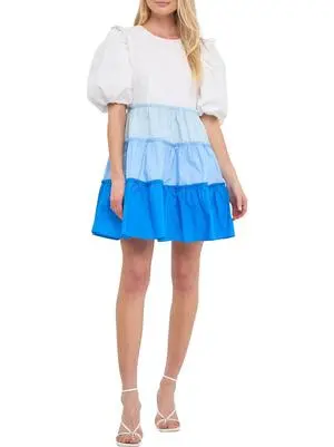 English Factory Colorblock Puff Sleeve Mini Dress - Blue