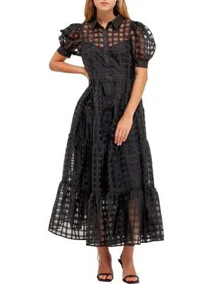 English Factory Grid Pattern Tiered Midi Shirtdress - Black