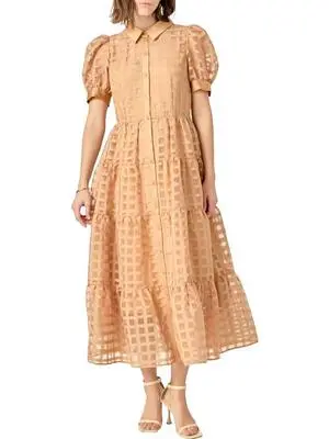 English Factory Grid Pattern Tiered Midi Shirtdress - Camel