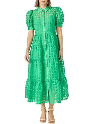 English Factory Grid Pattern Tiered Midi Shirtdress - Green