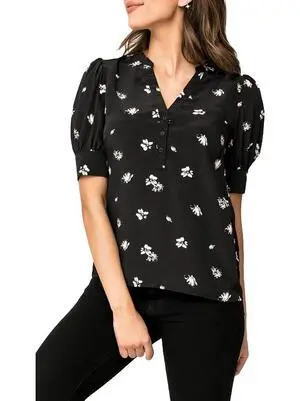 GIBSONLOOK Floral Print Woven Henley Blouse - Black Floral