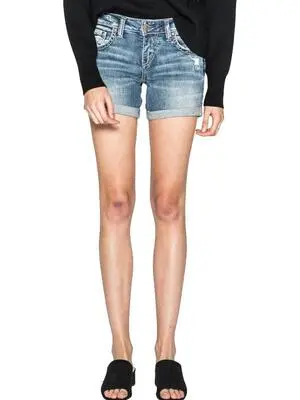 SILVER JEANS CO. Distressed Boyfriend Denim Cutoff Shorts - Indigo
